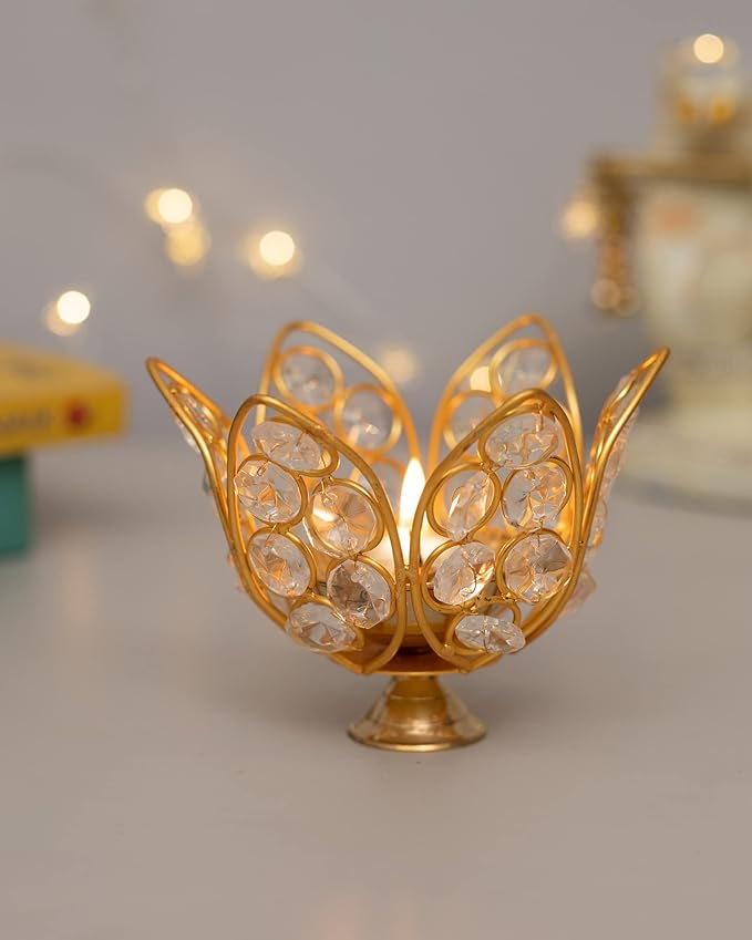 Lotus Shape Crystal Akhand Diya Jyothi Oil Deepam Brass for Puja Home ...